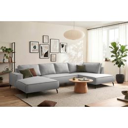 Wohnlandschaft Home Affaire "Tvinnu, moderne U-Form, Couch in Cord oder Webstoff in Leinenoptik", silbergrau, B:354cm H:83cm T:193cm, Sofas, Wohnlandschaft, Recamiere rechts/links, schwarze Metallf&uuml;&szlig;e, bequeme Sitz-/Liegefl&auml;che