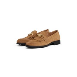 Loafer Tommy Hilfiger "TH CHAIN FRINGE SUEDE LOAFER", Damen, Gr. 37, braun (camelfarben), Veloursleder, Schuhe Loafer, Blockabsatz, Slipper, Businessschuh mit goldfarbener Logo-Zierkette
