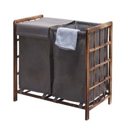 W&auml;schesammler MCW-B60, Laundry W&auml;schebox W&auml;schekorb, Massiv-Holz 2 F&auml;cher 60x60x33cm 68l ~ braun, Bezug grau