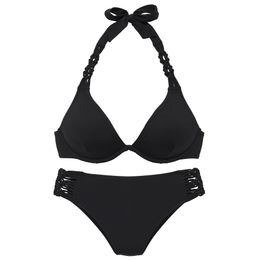 B&uuml;gel-Bikini Lascana "Kalea", Damen, Gr. 36, Cup D, schwarz, Recycling-Polyamid, unifarben, Bikini-Sets B&uuml;gel-Bikini, mit eleganten Makramee-Details