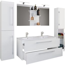 Vcm 5-tlg. Doppel Waschplatz 2x Waschtisch Badm&ouml;bel Set mit Unterschrank, Waschbecken, 2x Hochschrank und Spiegel Doppelwaschbecken Komplettset Budasi SP
