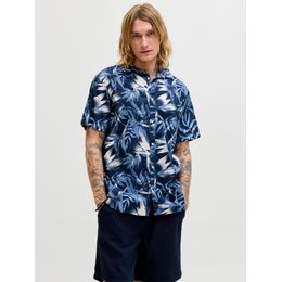 Jack & Jones Kurzarmhemd JACK & JONES "JJHONOLULU AOP SHIRT SS", Damen, Gr. S, N-Gr, navy blazer, Web, Obermaterial: 100% Baumwolle, gemustert, regular fit, Hemden Kurzarmhemd