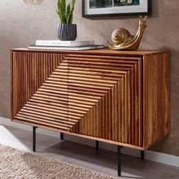 FineBuy Massivholz Design Sideboard 100cm Sheesham Kommode mit 2 T&uuml;ren Retro Design Metall schwarz