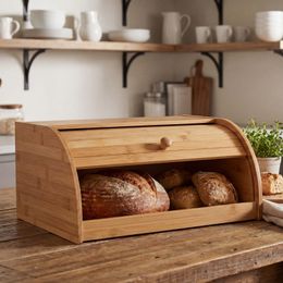 Brotkasten MCW-B80, Brotkiste Brotbeh&auml;lter Brotkorb Brotaufbewahrung, Bambus Rolldeckel ~ 17x40x28cm, ohne Schublade