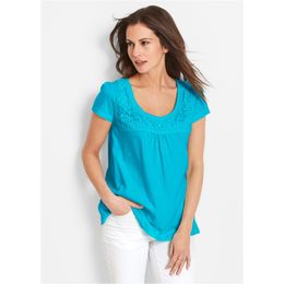 T-Shirt bonprix, Damen, Gr. 48/50 (XL), karibikblau, Jersey, Obermaterial: 100% Baumwolle. Spitze: 100% Baumwolle, unifarben, figurumspielend h&uuml;ftlang, Rundhals, Shirts T-Shirt, bequeme Passform, mit Spitzenapplikation in H&auml;kel-Optik, aus Baumwolle