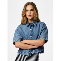 Jeansbluse Pieces "PCSKY SS A-SHAPE DENIM TOP NOOS BC", Damen, Gr. XL, medium blau denim, Obermaterial: 99% Baumwolle, 1% Elasthan, unifarben, oversize kurz, Blusen Jeansbluse, im Oversized-Schnitt