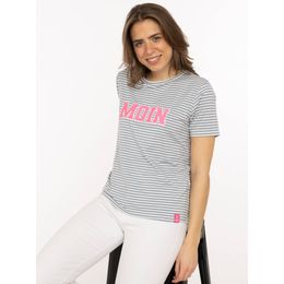 T-Shirt Zwillingsherz "Anker Moin", Damen, Gr. L, jeansblau, Obermaterial: 95% Viskose, 5% Elasthan, Shirts T-Shirt, gestreift, gestickter Schriftzug, maritim, Rundhals