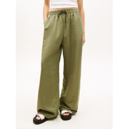 Schlupfhose Tommy Jeans "TJW ESSENTIAL LINEN PANTS", Damen, Gr. XS (34), N-Gr, bay leaf, Web, Obermaterial: 55% Leinen, 27% Baumwolle, 18% Viskose, unifarben, loose fit lang, Hosen Schlupfhose, mit Leinen, Loose Fit