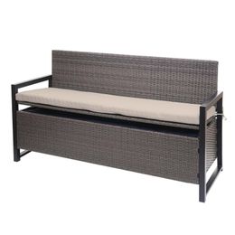 Poly-Rattan 3er Sitzbank MCW-F39, Gartenbank Truhenbank, Staufach Aufbewahrung Sitzkissen ~ grau-meliert, Kissen beige