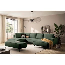 Wohnlandschaft Home Affaire "Tvinnu, moderne U-Form, Couch in Cord oder Webstoff in Leinenoptik", dunkelgr&uuml;n, B:354cm H:83cm T:193cm, Sofas, Wohnlandschaft, Recamiere rechts/links, schwarze Metallf&uuml;&szlig;e, bequeme Sitz-/Liegefl&auml;che