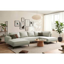 Wohnlandschaft Home Affaire "Tvinnu, moderne U-Form, Couch in Cord oder Webstoff in Leinenoptik", hellgr&uuml;n, B:354cm H:83cm T:193cm, Sofas, Wohnlandschaft, Recamiere rechts/links, schwarze Metallf&uuml;&szlig;e, bequeme Sitz-/Liegefl&auml;che