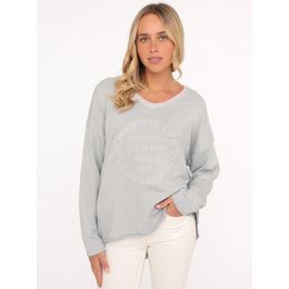 Sweatshirt Zwillingsherz "&bdquo;Positive Mind Neon Kante&rdquo;", Damen, Gr. L/XL (L/XL), grau, angeraute Sweatware, Obermaterial: 70% Baumwolle, 30% Polyester, unifarben mit Farbeinsatz, normal h&uuml;ftlang, V-Ausschnitt, Sweatshirts Sweatshirt, mit Kontrastnaht, V-Neck, washed out Optik, langarm