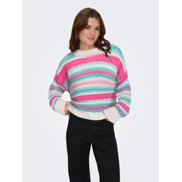 Strickpullover Only "ONLALYSSA LIFE LS STRIPE O-NECK CC KNT", Damen, Gr. L, birch stripes:aqua s, bright a, fusia p, knout p, sea p, Strick, Obermaterial: 100% Polyester, gestreift, regular fit, Rundhals, Pullover Strickpullover