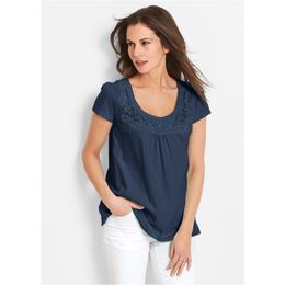 T-Shirt bonprix, Damen, Gr. 44/46 (L), dunkelblau, Jersey, Obermaterial: 100% Baumwolle. Spitze: 100% Baumwolle, unifarben, figurumspielend h&uuml;ftlang, Rundhals, Shirts T-Shirt, bequeme Passform, mit Spitzenapplikation in H&auml;kel-Optik, aus Baumwolle