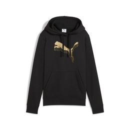 Kapuzensweatshirt Puma "ESS METALLIC HOODIE FL", Damen, Gr. M, schwarz (Puma schwarz, metallic gold), Fleece, Obermaterial: 68% Baumwolle, 32% Polyester, unifarben, regular fit normal, Rundhals, angesetztes B&uuml;ndchen, Sweatshirts, mit Logodruck, aus Fleece-Material, mit K&auml;ngurutasche