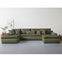 Wohnlandschaft Home Affaire "Win U-Form, B: 366 cm - OTTO. Verl&auml;ssliche Qualit&auml;t.", gr&uuml;n (olive gr&uuml;n), B:366cm H:85cm T:176cm, 100% Polyester, Sofas, Wohnlandschaft, mit Bettfunktion, Bettkasten & 5 Zierkissen