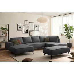 Wohnlandschaft Home Affaire "Tvinnu, moderne U-Form, Couch in Cord oder Webstoff in Leinenoptik", anthrazit, B:354cm H:83cm T:193cm, Sofas, Wohnlandschaft, Recamiere rechts/links, schwarze Metallf&uuml;&szlig;e, bequeme Sitz-/Liegefl&auml;che