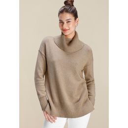 Rollkragenpullover Tamaris, Damen, Gr. 36/38, beige (sand melange), Strick, Obermaterial: 50% Viskose, 26% Polyamid, 24% Polyester, meliert, l&auml;ssig geschnitten h&uuml;ftbedeckend, Strickb&uuml;ndchen, Pullover Rollkragenpullover, in l&auml;ssiger Form mit seitlichen Schlitzen
