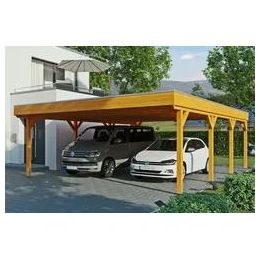 Skan Holz Doppelcarport SKANHOLZ "Grunewald", braun (hellbraun), B/H/T: 590cm x, Carports, mit Aluminiumdach