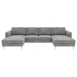 Wohnlandschaft Home Affaire "Booster, whlw. mit Schlaffunktion & Bettkasten, Fu&szlig; Buche lackiert", betongrau, B:305cm H:83cm T:161cm, 92% Polyester, 8% Polyamid, Sofas, Wohnlandschaft, Sofa in U-Form, Breite 305 cm, in Cord oder Struktur