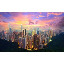 Fototapete papermoon "HONG KONG-VICTORIA PEAK STADT INSEL SKYLINE MEER NACHT", bunt, B:4m L:2,6m, Vlies, Tapeten