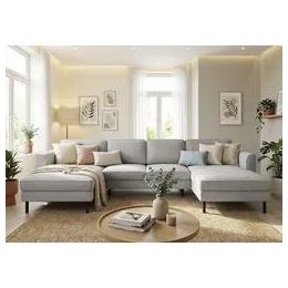 Wohnlandschaft Home Affaire "Booster II, whlw. mit Schlaffunktion & Bettkasten, Fu&szlig; schwarz", grau (opal grau), B:305cm H:83cm T:161cm, 88% Polyester, 12% Nylon, Sofas, Wohnlandschaft, Sofa in U-Form, Breite 305 cm, in Cord oder Struktur LEO o. LINO