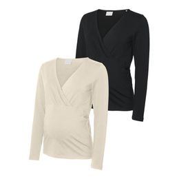 Umstandsshirt MAMALICIOUS "MLKERRIE TESS LS JRS TOP 2-P NOOS", Damen, Gr. XL, schwarz (birch pack:schwarz), Jersey, Obermaterial: 95% Baumwolle, 5% Elasthan, unifarben, figurbetont normal, V-Ausschnitt, Shirts Umstandsshirt