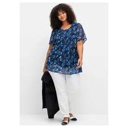 Longbluse sheego, Damen, Gr. 44/46, blau (marine, gemustert), 100% Polyester, gebl&uuml;mt, gemustert, Rundhals, Blusen Longbluse