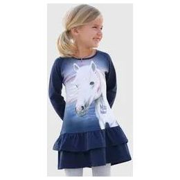 Jerseykleid Miss Melody, M&auml;dchen, Gr. 116/122, N-Gr, blau (marine, bedruckt), Single Jersey, Obermaterial: 95% Baumwolle, 5% Elasthan, bedruckt, Rundhals, Raglan&auml;rmel abgesteppte Kante, Kleider Jerseykleid, toller Frontdruck mit Glitzereffekt