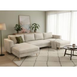 Wohnlandschaft Trendmanufaktur "Amazing, wahlw. mit Schlaffunktion & Bettkasten, Fu&szlig; Buche lackiert", beige (cream), B:305cm H:81cm T:161cm, Sofas, Wohnlandschaft, Sofa in U-Form, in Cord oder Struktur, Breite 305 cm