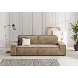 3-Sitzer Home Affaire "SHERWOOD Schlafsofa (257cm) Cord, Samtvelours, Vintage-Lederoptik", beige, B:257cm H:85cm T:106cm, 100% Polyester, Sofas, Schlaffunktion mit Bettkasten (ca. 136/200cm)