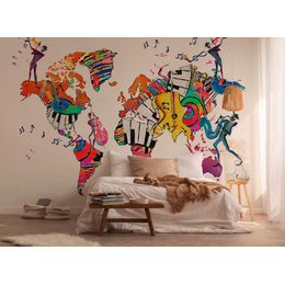 A.S. Cr&eacute;ation Vliestapete A.S. CR&Eacute;ATION "Weltkarte Tapete mit Musikinstrumenten Bunt", beige (creme), B:2,55m H:0,02m L:3,5m, Vlies, Tapeten