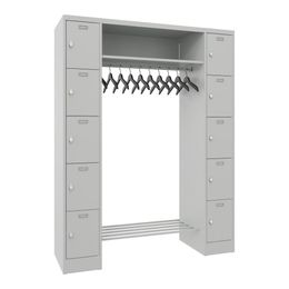 STIER Garderobe, 2 S&auml;ulen mit 5 F&auml;chern, 300 mm AB, Hutablage 900 mm, Drehr., RAL 7035 (906494)