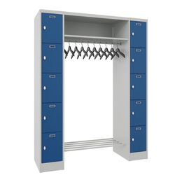 STIER Garderobe, 2 S&auml;ulen mit 5 F&auml;chern, 300 mm AB, Hutablage 900 mm, Drehr., RAL 7035/5010 (906496)
