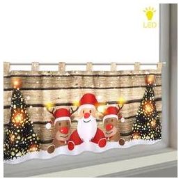 Scheibengardine Delindo Lifestyle "WEIHNACHTS-TEAM" Gr. 1, braun, B:120cm H:45cm, Microfaser, Polyester, Gardinen, HxB: 45x120, mit LED-Beleuchtung