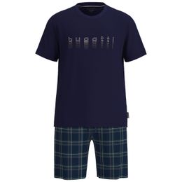 Bugatti Herren Shorty, Gr. 52blau, dunkel, karo, Single Jersey, Obermaterial: 100% Baumwolle, Homewear-Sets, Kurzarm, Rundhalsausschnitt, kurze Hose,