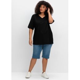 sheego Damen T-Shirt "T-Shirt", schwarz, Gr. 52, unifarben, 95% Baumwolle, 5% Elasthan, Shirts
