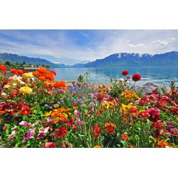 Fototapete papermoon "BLUMEN-DESIGN NATUR LANDSCHAFT GEBIRGE BERGE ALPEN SEE", bunt, B:4m L:2,6m, Vlies, Tapeten