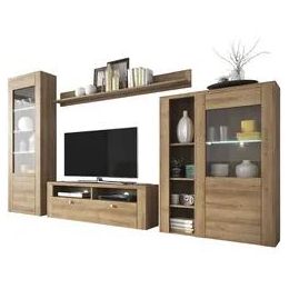 Wohnwand OTTO HOME "Larona, Anbauwand, Set 4 Teilig", braun (eichefarben riviera), B:305cm, Kastenm&ouml;bel-Sets, Wohnwand, bestehend aus 1 TV-Board, 1 Highboard, 1 Vitrine, 1 Wandregal, Topseller