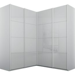 Schwebet&uuml;renschrank Rauch "Kleiderschrank Garderobe Eckkleiderschrank QUADRA mit edler Glasfront", grau (seidengrau, glas seidengrau), B:181cm H:210cm T:187cm, Holzwerkstoff, Schr&auml;nke, Schwebet&uuml;renschrank, extra gro&szlig;er Eckschrank inkl. Schubladeneinsatz MADE IN GERMANY