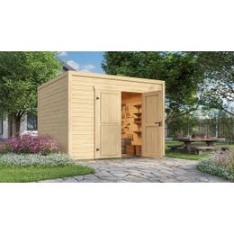 Gartenhaus Weka "Batu 3, Flachdach, Vollholzt&uuml;r", beige (naturbelassen), ohne Fu&szlig;boden, ohne Dacheindeckung, Massivholz, Gartenh&auml;user, Gartenhaus, 28 mm starke Blockbohlen, in verschiedenen Farben