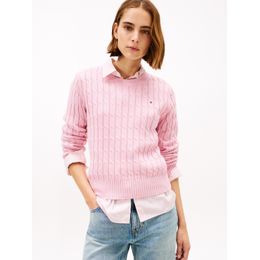 Rundhalspullover Tommy Hilfiger "CO CABLE MID GG C-NK LS SWT", Damen, Gr. XL (42), pink, Strick, Obermaterial: 100% Baumwolle, unifarben, regular fit normal, Rundhals, Rippb&uuml;ndchen, Pullover Rundhalspullover, mit Zopfmuster