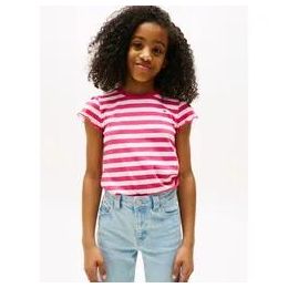 T-Shirt Tommy Hilfiger "ESSENTIAL STRIPE RUFFLE TOP SS", M&auml;dchen, Gr. 12 (152), rosa (jewel pink stripes), Single Jersey, Obermaterial: 60% Baumwolle, 40% Polyester, gestreift, regular fit h&uuml;ftlang, Rundhals, gewellter Abschluss, Shirts T-Shirt, f&uuml;r Kinder bis 16 Jahre, mit gewellter Kante