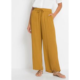 Marlene-Hose bonprix "Marlenehose aus flie&szlig;ender Viskose", Damen, Gr. 54, N-Gr, gelb (dunkelgelb (l&auml;nge: regul&auml;r)), Obermaterial: 100% Viskose, loose fit, Hosen, aus Viskose, lockere Passform, mit Bindeband, l&auml;ssiger Stil