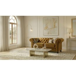 2-Sitzer Home Affaire "BRONNOY Chesterfield Sofa mit aufwendiger Knopfheftung, Breite 152 cm", gold, B:152cm H:75cm T:90cm, 100% Polyester, Sofas, Sofa mit geschwungenen Armlehnen, Chesterfield-Optik, Glamour