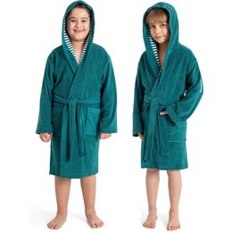 Kinderbademantel Kangaroos "Dalia, Ideal f&uuml;r Zuhause, Schwimmbad oder im Urlaub" Gr. 116, smaragd, L:72cm, Veloursfrottier, Hausm&auml;ntel, Uni-Farben mit Streifen