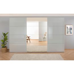 Schwebet&uuml;renschrank Rauch "Kleiderschrank Schrank Garderobe KOLUNA mit Glast&uuml;ren und Spiegel", grau (seidengrau, glas seidengrau), B:360cm H:210cm T:62cm, Holzwerkstoff, Schr&auml;nke, Schwebet&uuml;renschrank, inkl. 2 Innenschubladen sowie extra Einlegeb&ouml;den MADE IN GERMANY