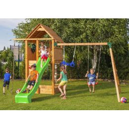 Spielturm Fungoo "FORTRESS Move+", braun (gelb), Spielt&uuml;rme, KinderB:460cm H:305cm T:465cm, Holz, Metall, Polyethylen, mit Schaukel & Rutsche, Kletterwand, B:460cm H:305cm T:465cm
