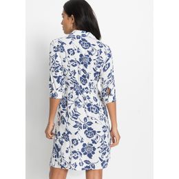 bonprix Damen Blusenkleid, blau, Gr. 42, Web, Obermaterial: 100% Viskose, Kleider, aus Viskose, mit Knopfleiste, ausgestellte Passform, mit 3/4-&Auml;rmeln