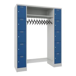STIER Garderobe, 2 S&auml;ulen mit 5 F&auml;chern, 300 mm AB, Hutablage 900 mm, Zyl., RAL 7035/5010 (906454)